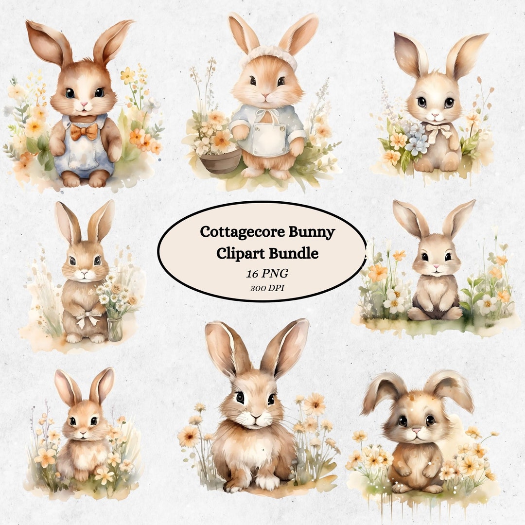 Cottagecore Cute Bunny Clipart Bundle, Watercolor Rabbit Illustration ...