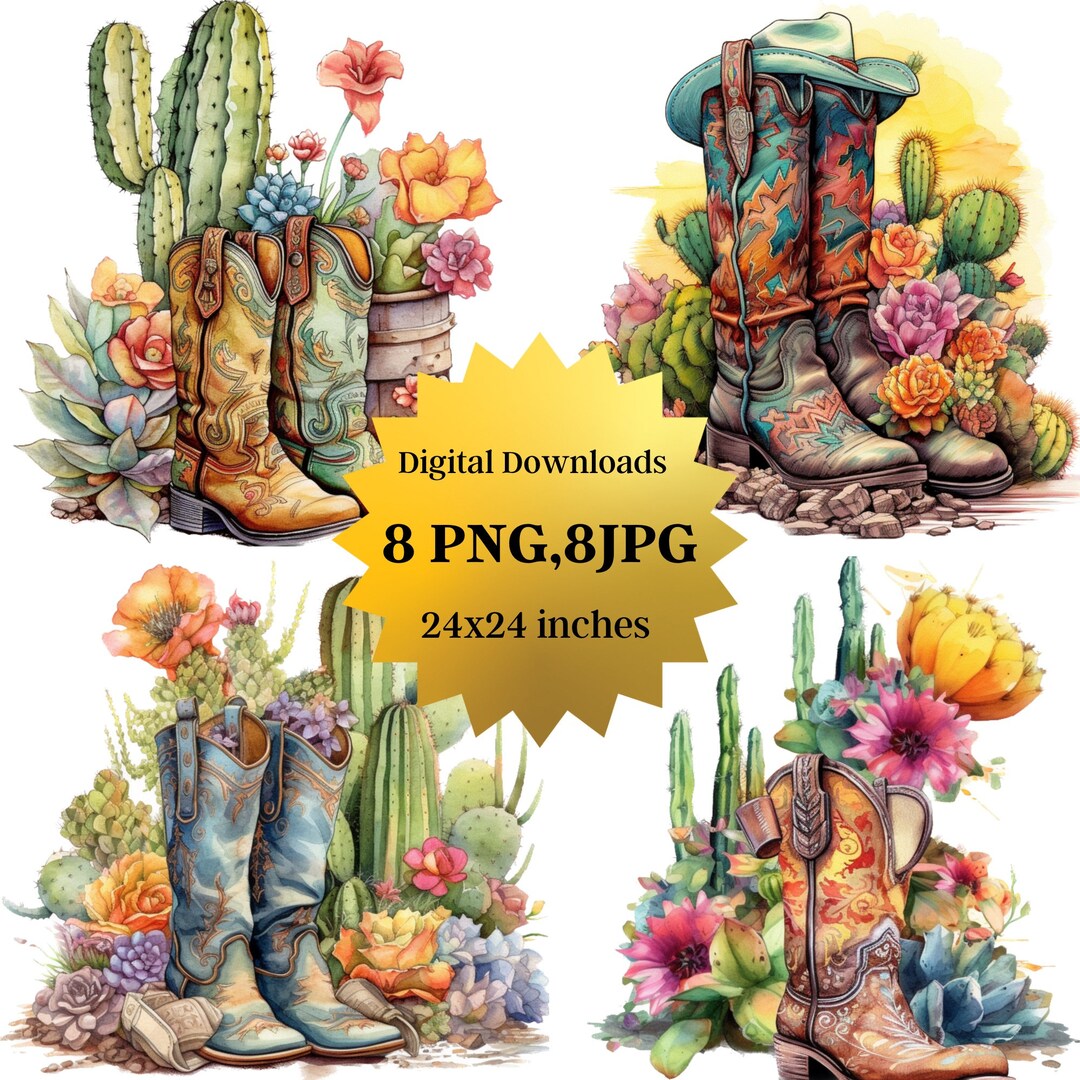 8 Cowgirl Boots Clipart, Watercolor Cowboy Boots Clipart, Jpgs, Digital ...