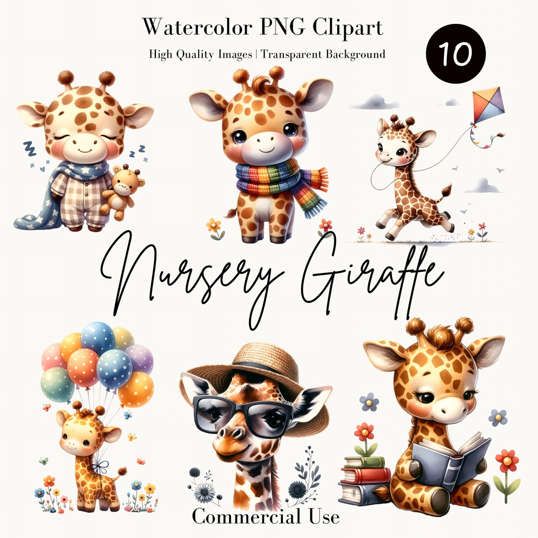 Cute Watercolor Giraffe PNG Clipart Set – Nursery Decor, Printable Art ...