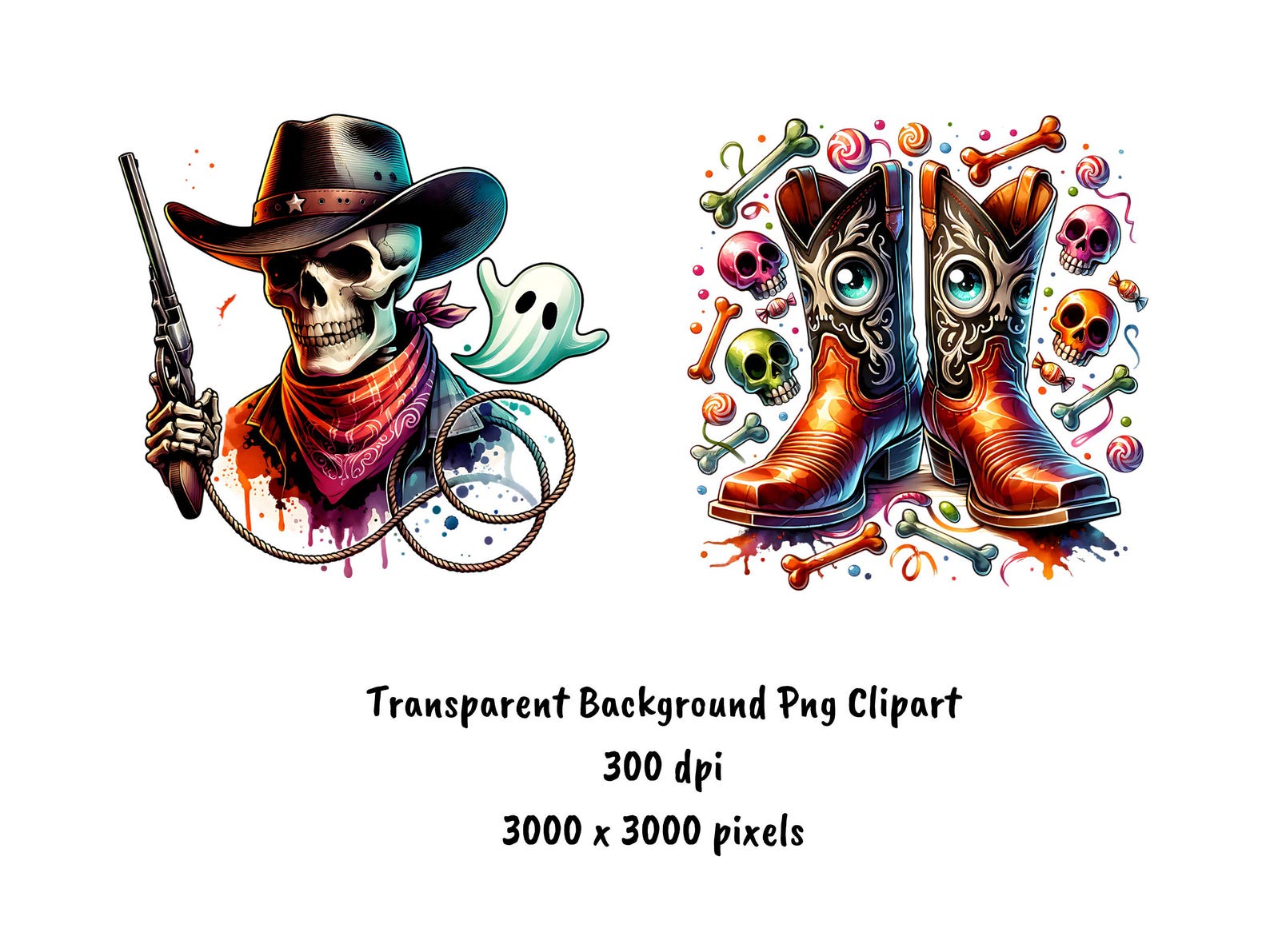Spooky Western Halloween Clipart, Cowboy Skeletons PNG, Haunted Cactus ...
