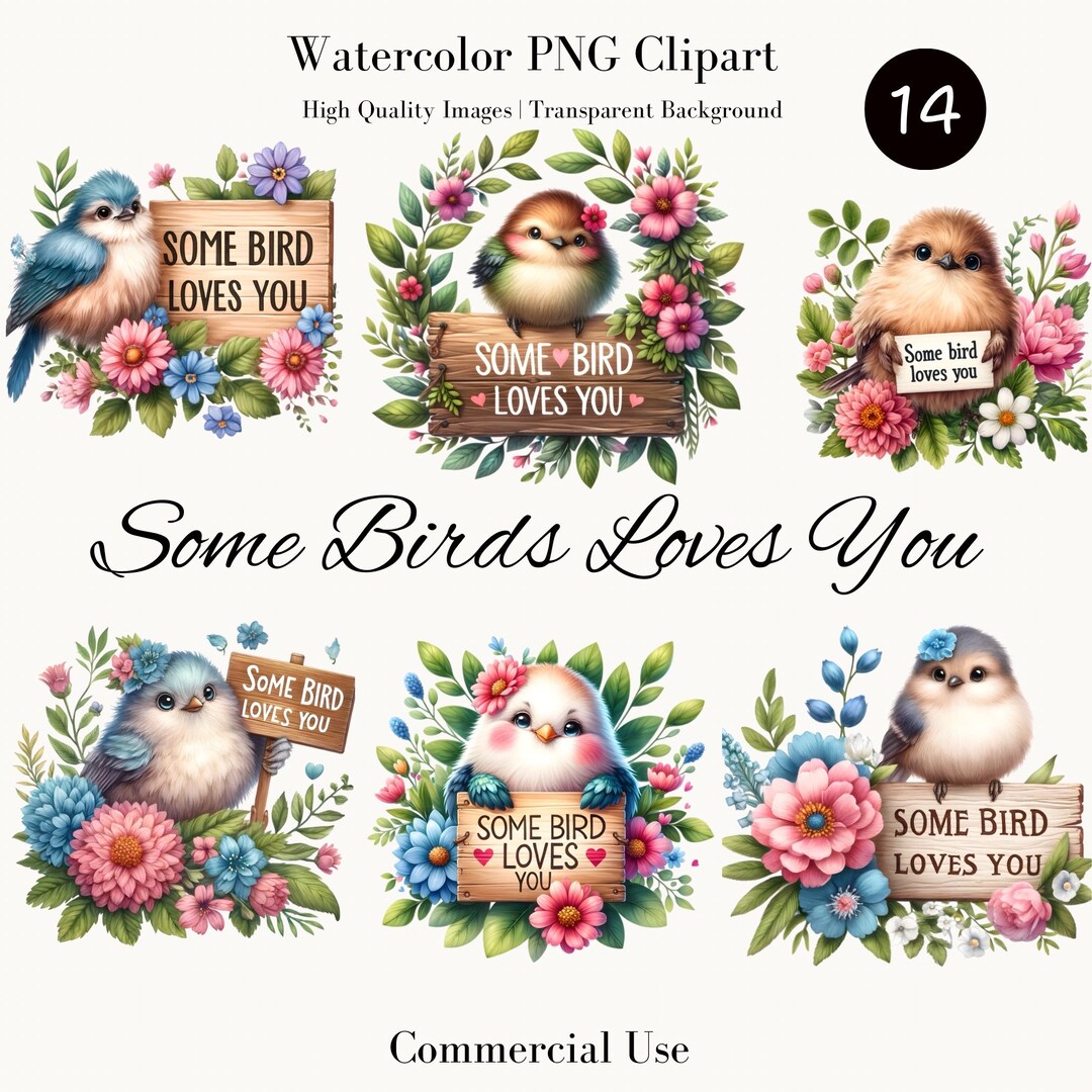 Some Bird Loves You Clipart Bundle, Watercolor Birds for Spring ...