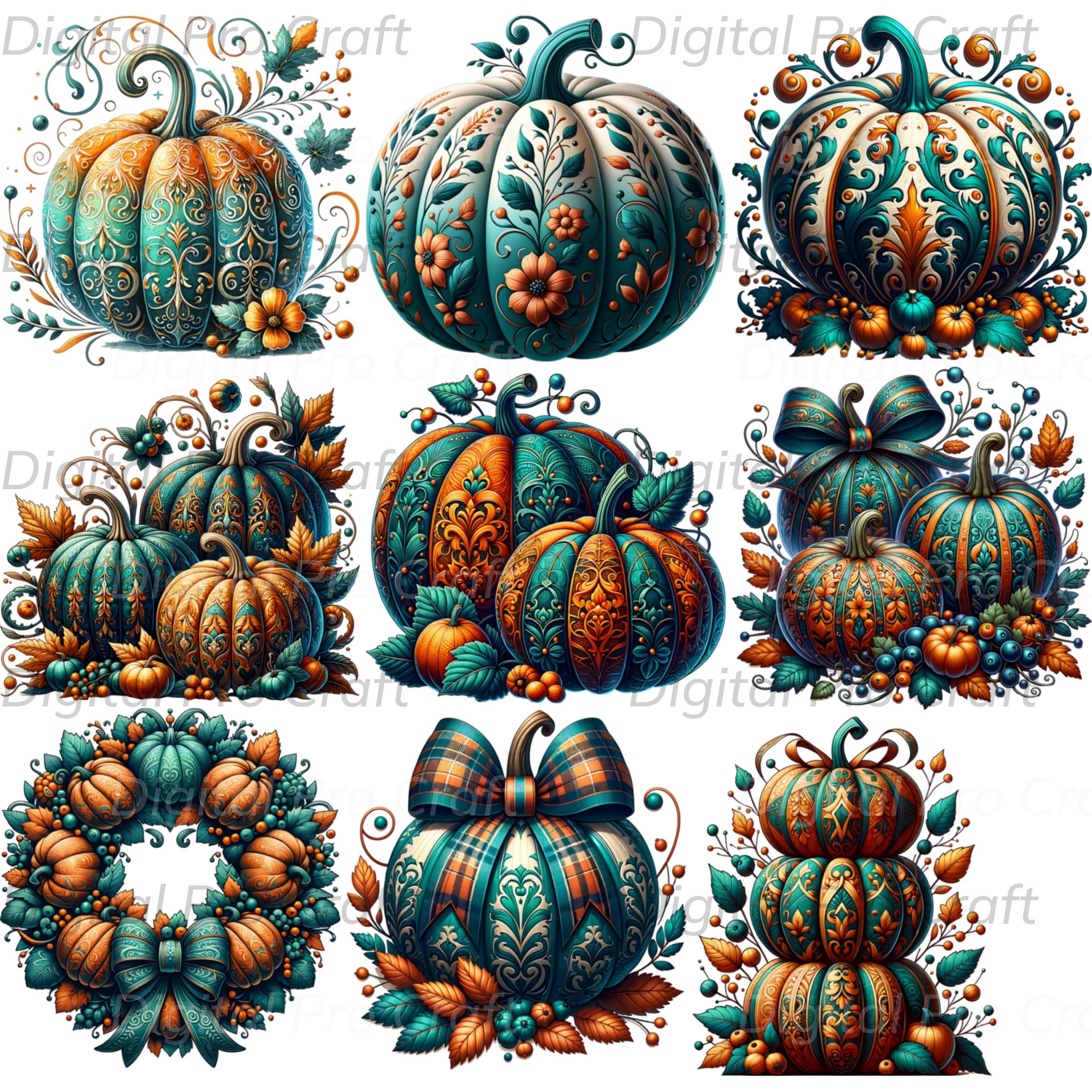 Elegant Fall Pumpkin Clipart PNG - 9 Intricate Turquoise and Orange ...