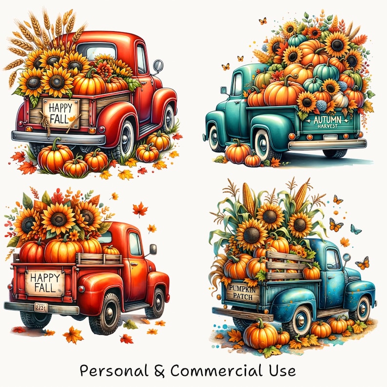 Watercolor Clipart Autumn Trucks Collection, Fall Truck Illustrations ...