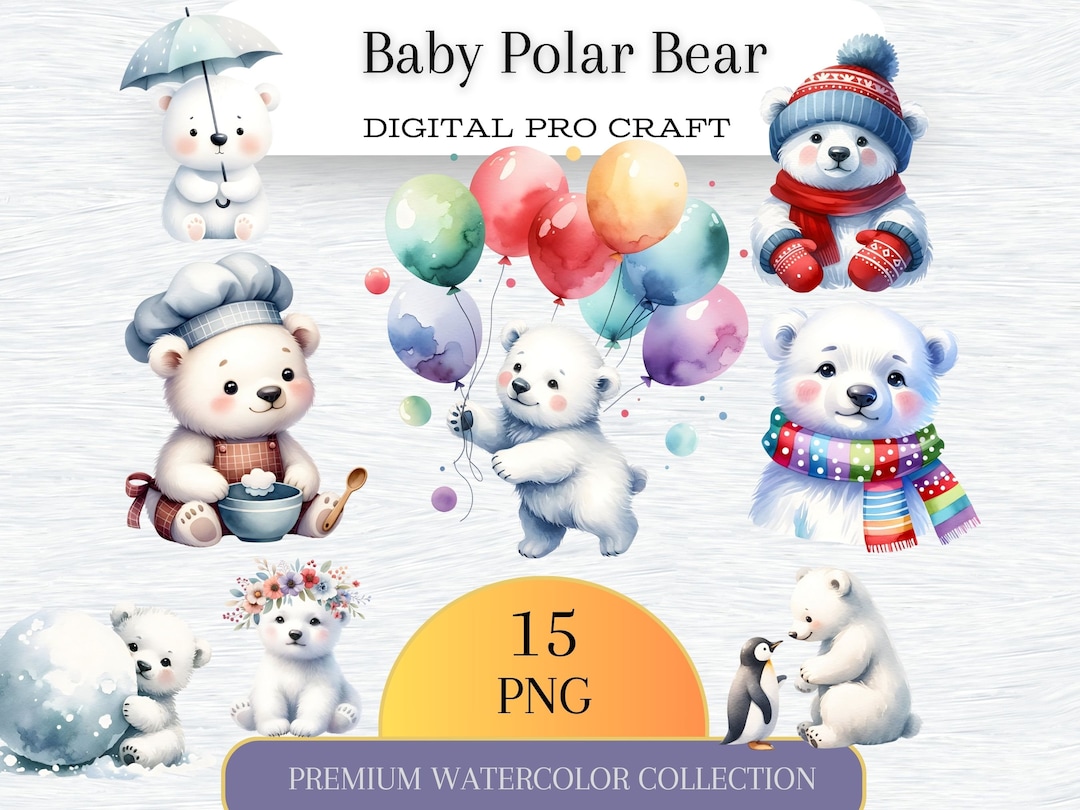 Baby Polar Bear Clipart Adorable Baby Polar Clipart Bundle 15 PNG High ...