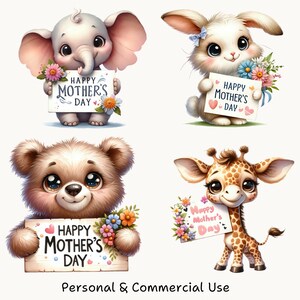Mother's Day Watercolor PNG Clipart Boundle Set, Cute Animal With Sign ...