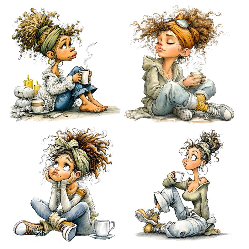 Cozy Whimsical Girl Clipart PNG | 12 Coffee Lover Graphics Bundle ...