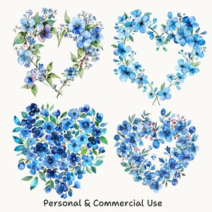 16 Blue Floral Heart Clipart, Cherry & Forget Me Not Pngs, Watercolor ...