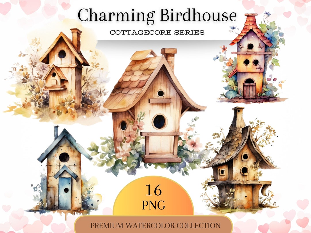 Watercolor Bird Houses Clipart Springtime Cute Birdhouses and Blossoms ...