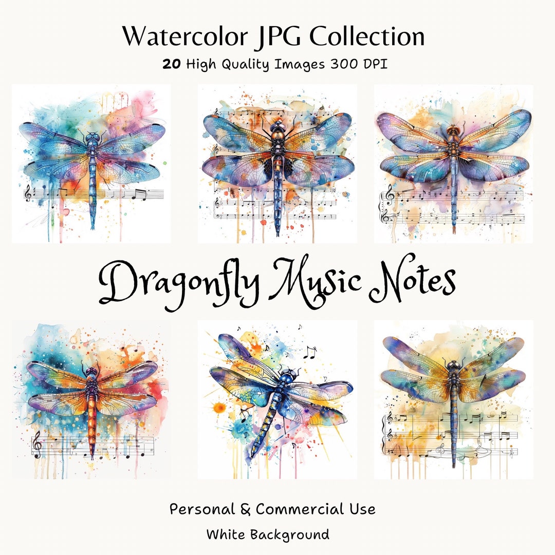20 Dragonfly Music Notes Clipart, Wall Print, Printable Watercolor ...