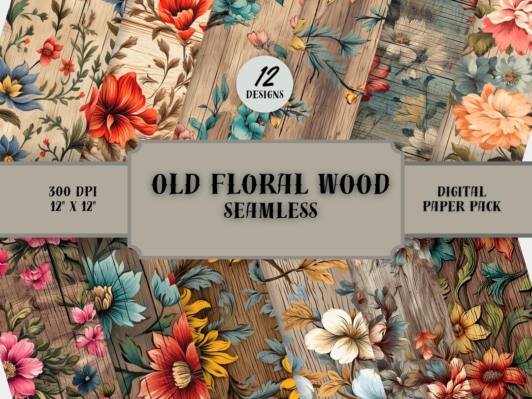 Vintage Floral Wood Patterns-old Flower Paintings Digital Paper Pack-12 ...
