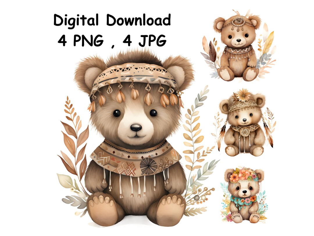 Boho Teddy Bear Clipart, PNG & JPG , High Quality, Digital Planner ...