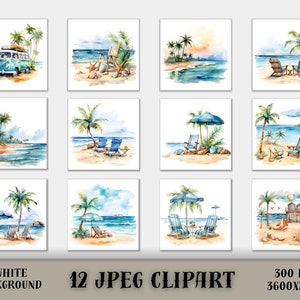 12 Beach Scenes, Watercolor Beach Clipart, Digital Beach Art ...