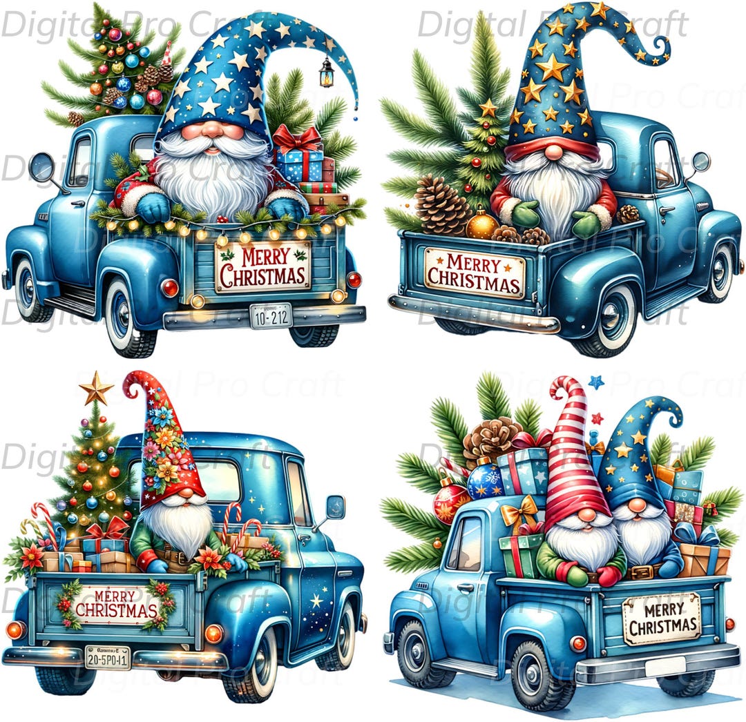 Christmas Gnome and Blue Truck Clipart Bundle, Christmas Clipart ...