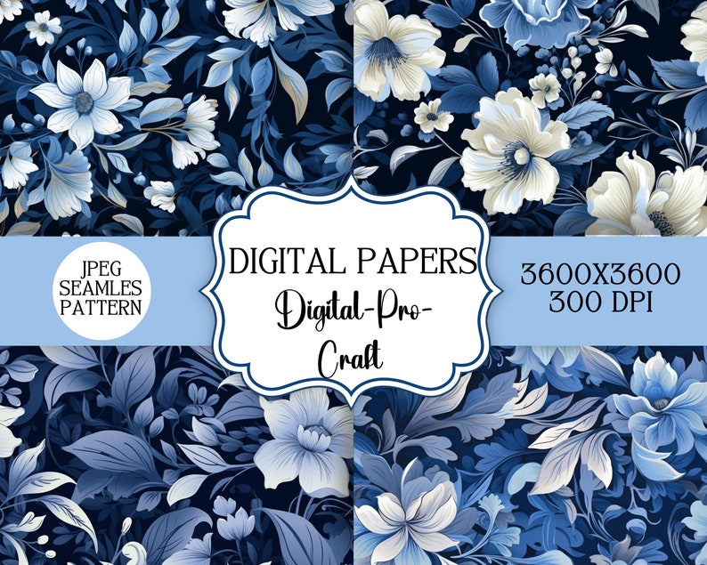 Blue Floral Digital Paper Set | 12 Seamless Patterns | Scrapbook Paper ...