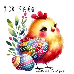 Watercolor Easter Clipart, Cute Chicken Digital Files, Easter Eggs PNG ...