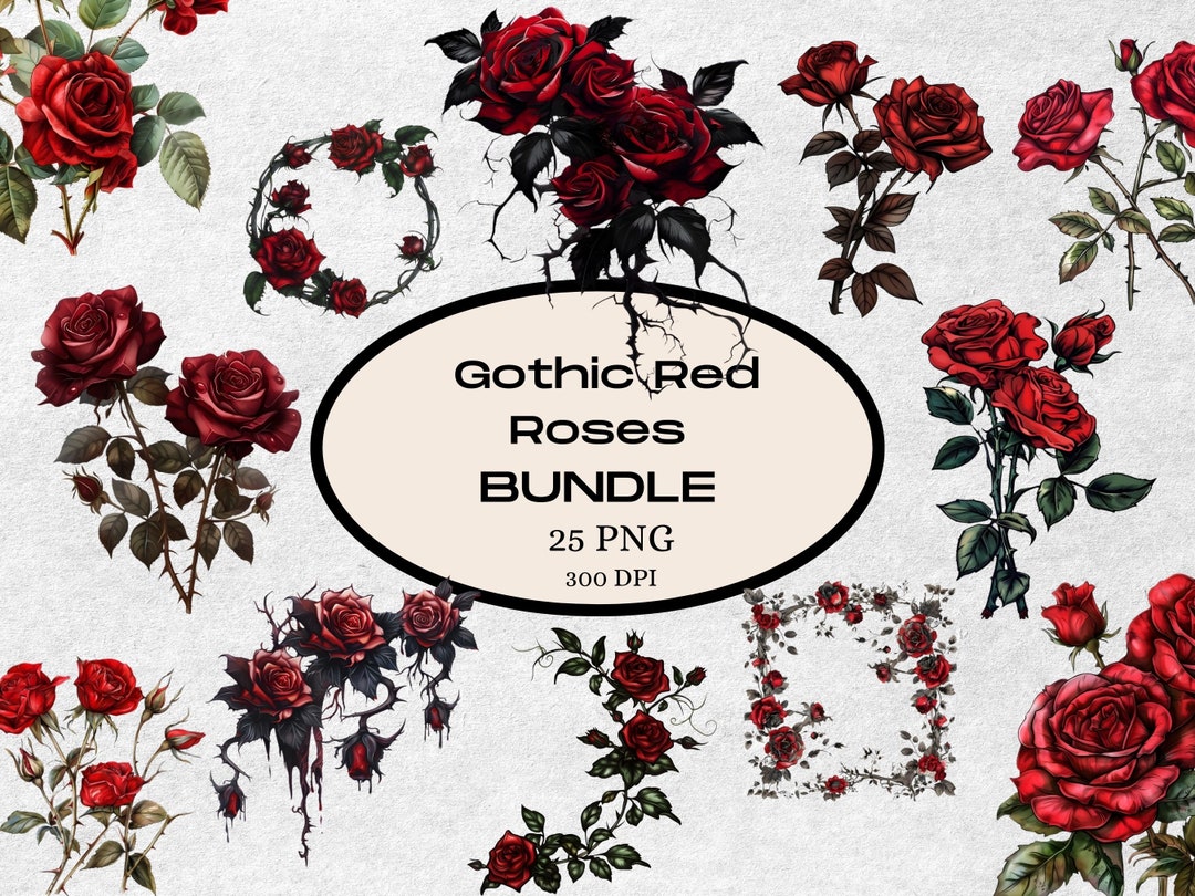 Gothic Red Roses Digital Clipart Bundle, Vintage Floral PNG ...