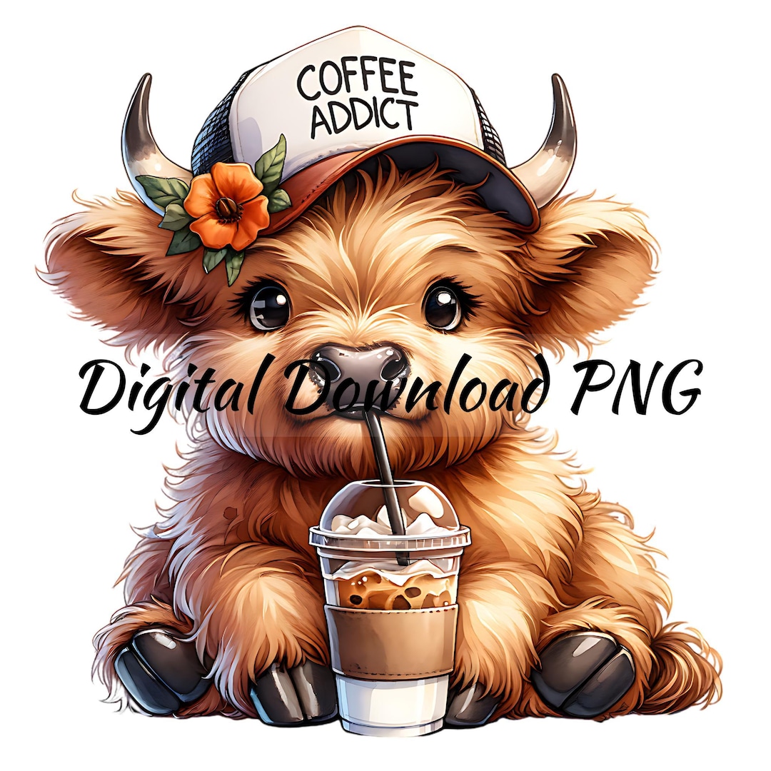Adorable Highland Cow With Coffee Addict Cap and Whipped Cream Drink ...