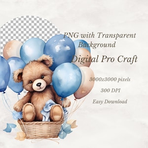 Watercolor Teddy Bear Clipart Bundle, Baby Boy Clipart, Baby Shower ...