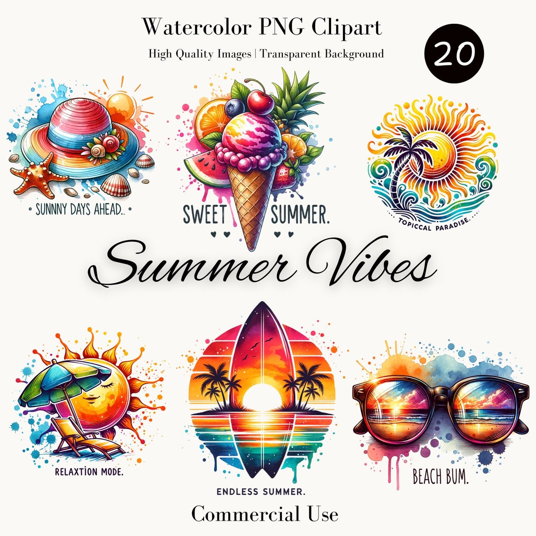 Summer Vibes Watercolor PNG Clipart – Summer Ice Cream Beach Clip Art ...