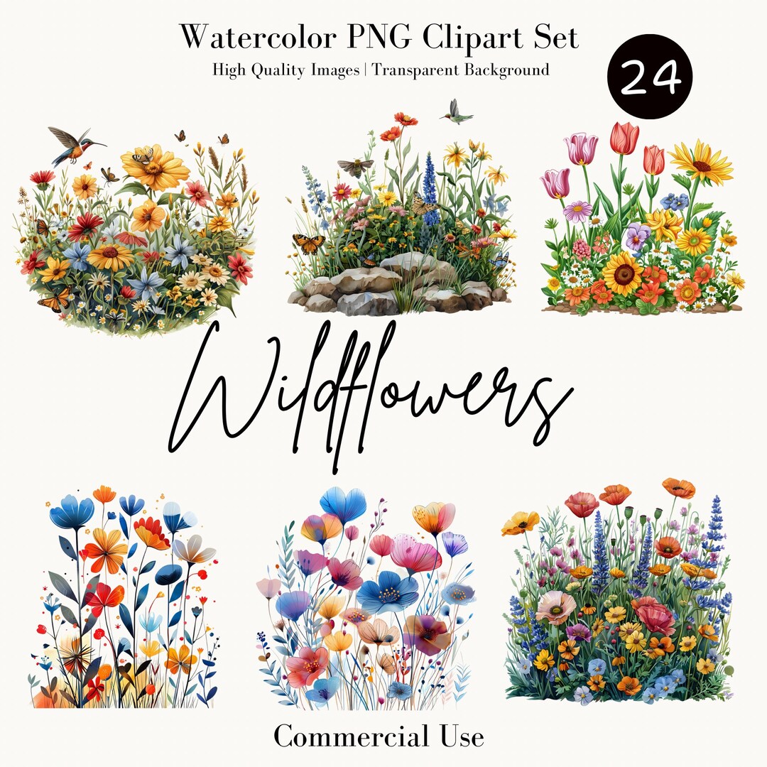 24 Wildflower Flowerbed Clipart Printable Watercolor Clipart, High ...