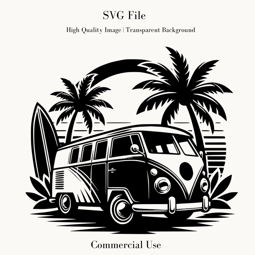 Vintage Surf Van SVG, Tropical Palm Trees Digital File, Beach Camper ...