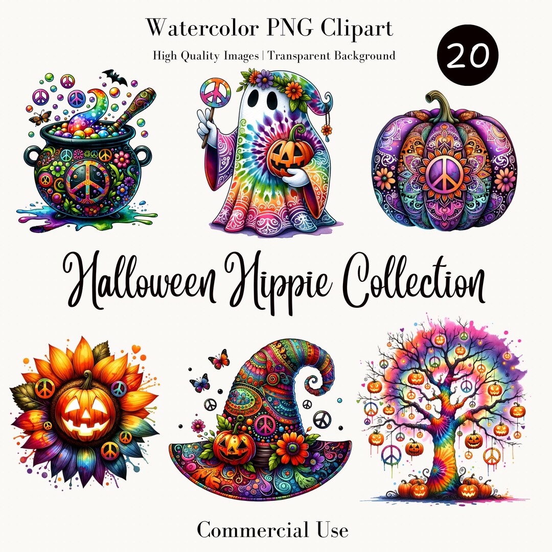 Halloween Hippie Clipart Collection | Hippie Ghost PNG | Pumpkin Hippie ...