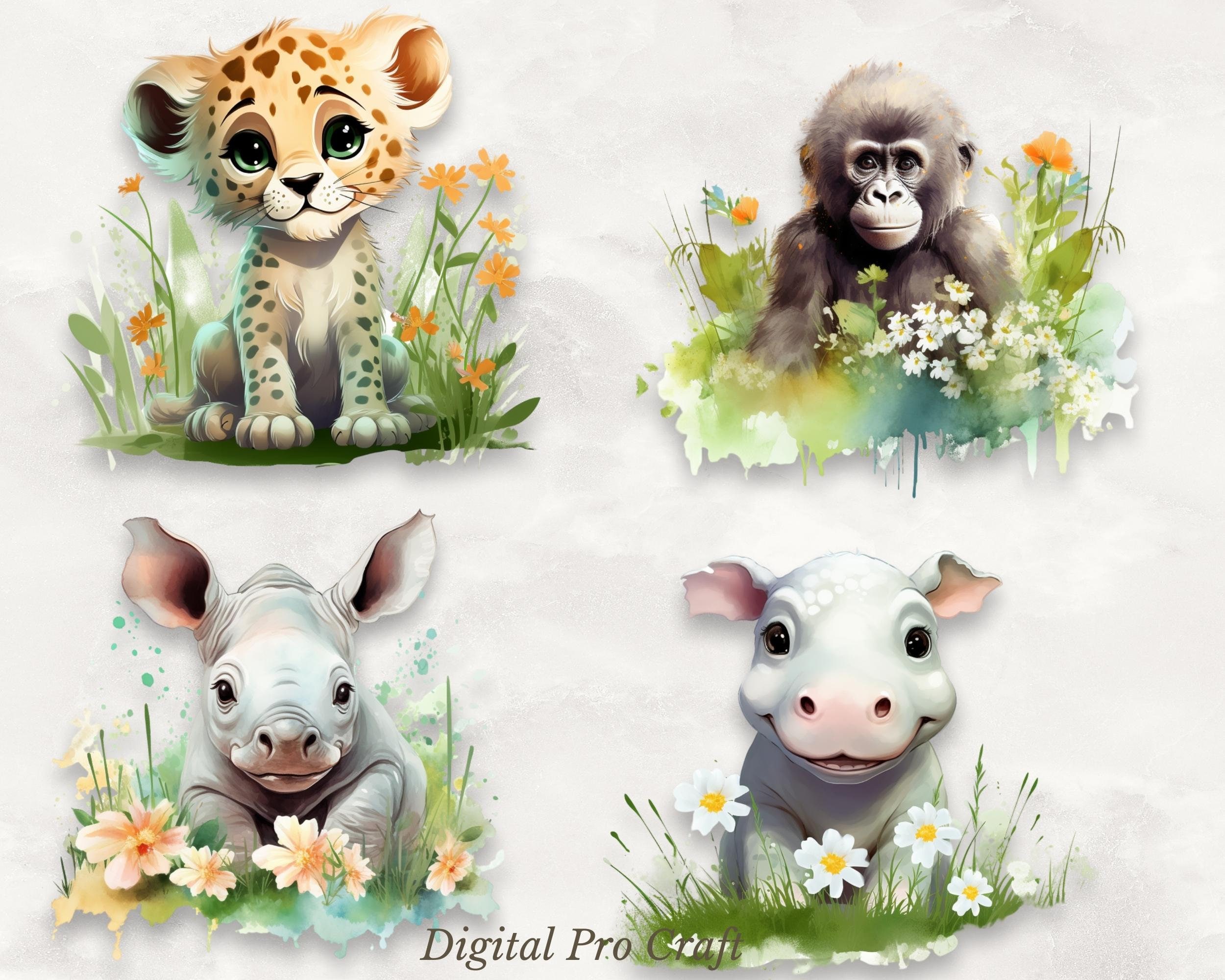 12 Safari Baby Animals Watercolor Clipart, PNG ,digital Crafting, Paper ...