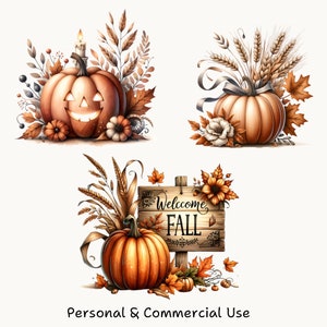Fall Pumpkin Watercolor Clipart – Autumn Coffee PNG Bundle, Harvest ...