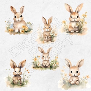 Cottagecore Cute Bunny Clipart Bundle, Watercolor Rabbit Illustration ...