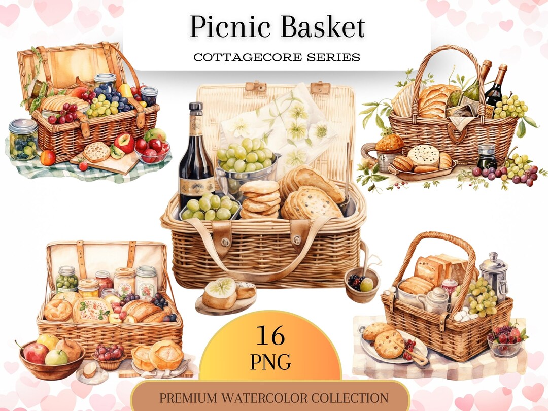Watercolor Picnic Basket Clipart, 10 High Quality PNG Files, Summer ...