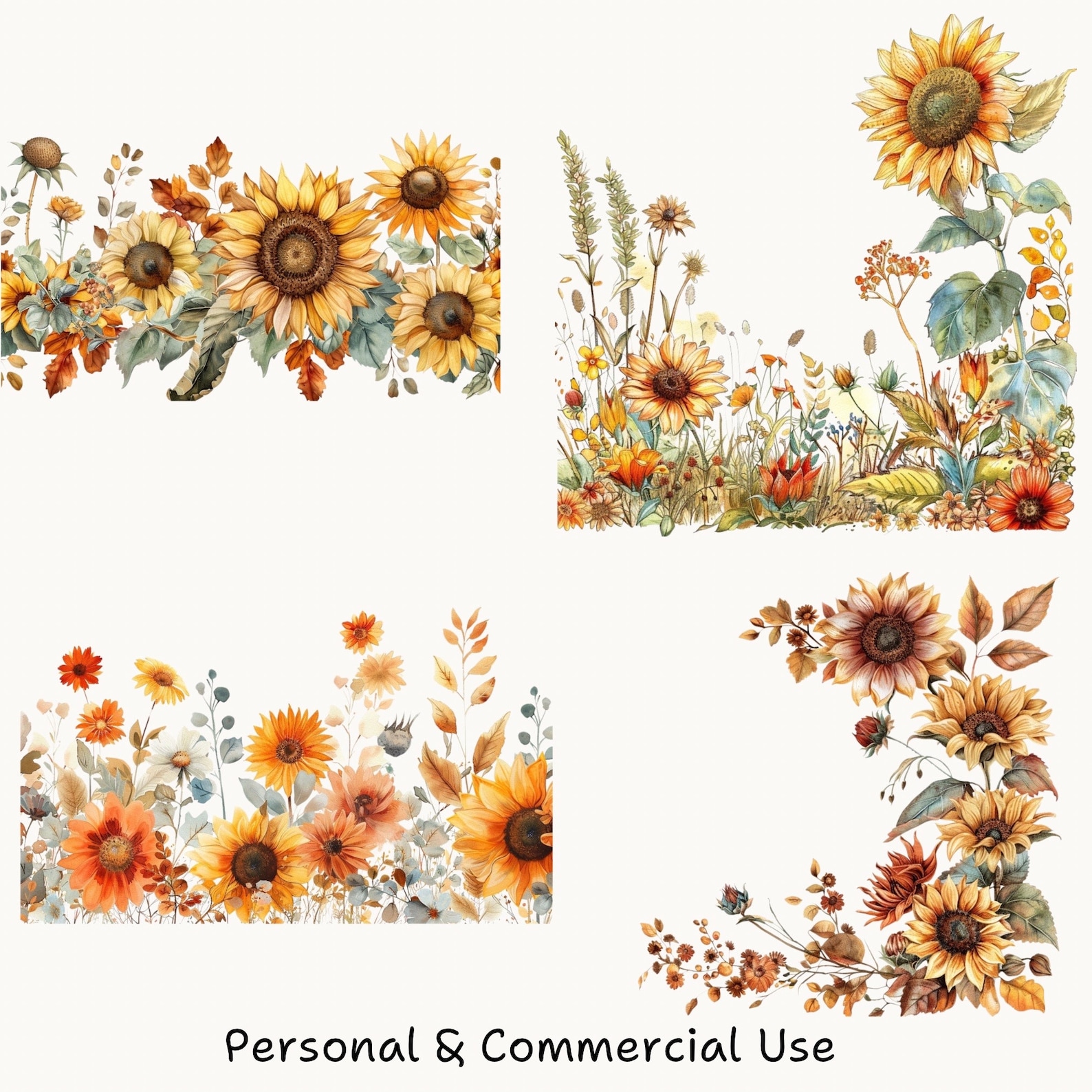 Watercolor Fall Sunflower Clipart Set, Autumn Floral PNG, Commercial ...