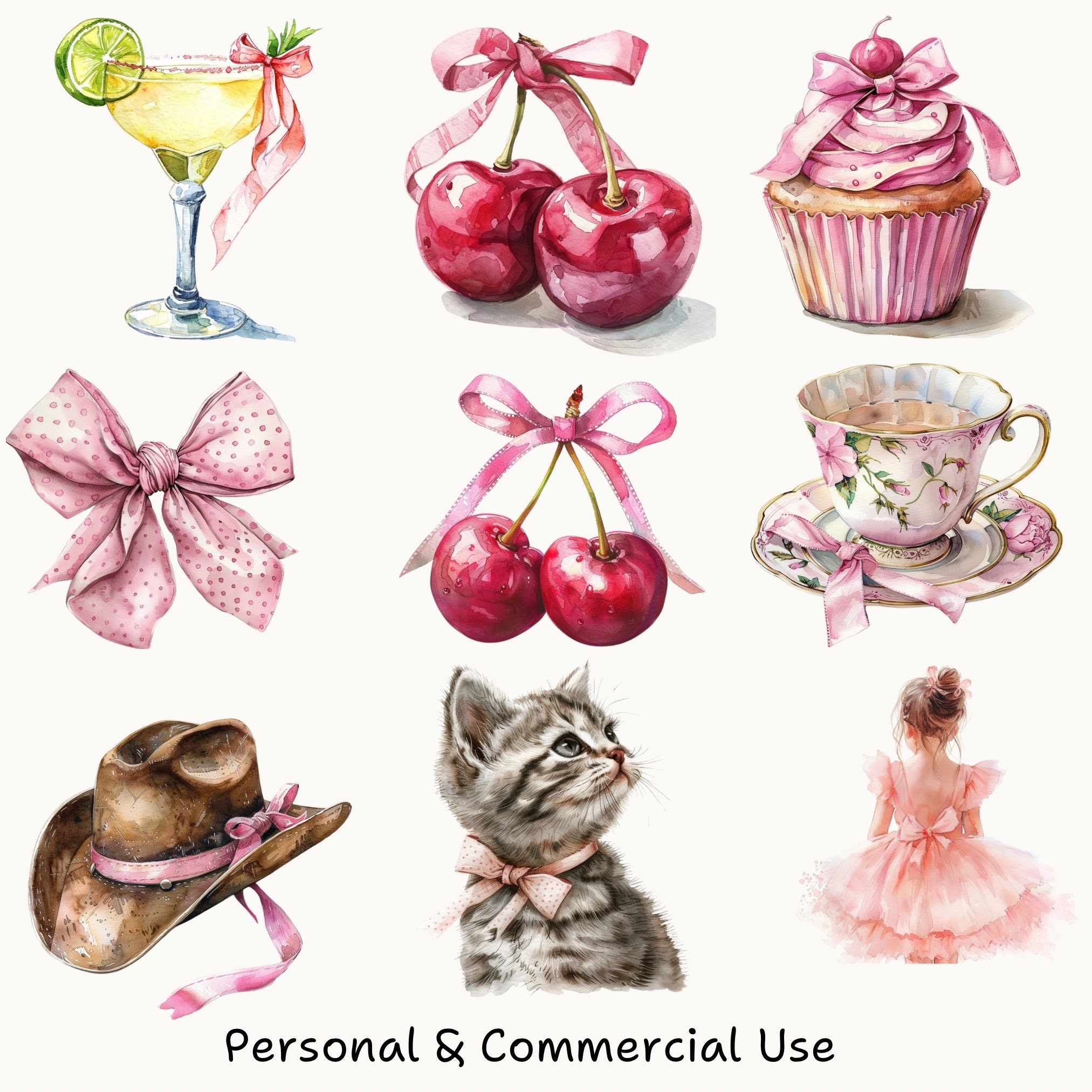 Pink Coquette Clipart Watercolor Collection, Strawberry Cherries ...
