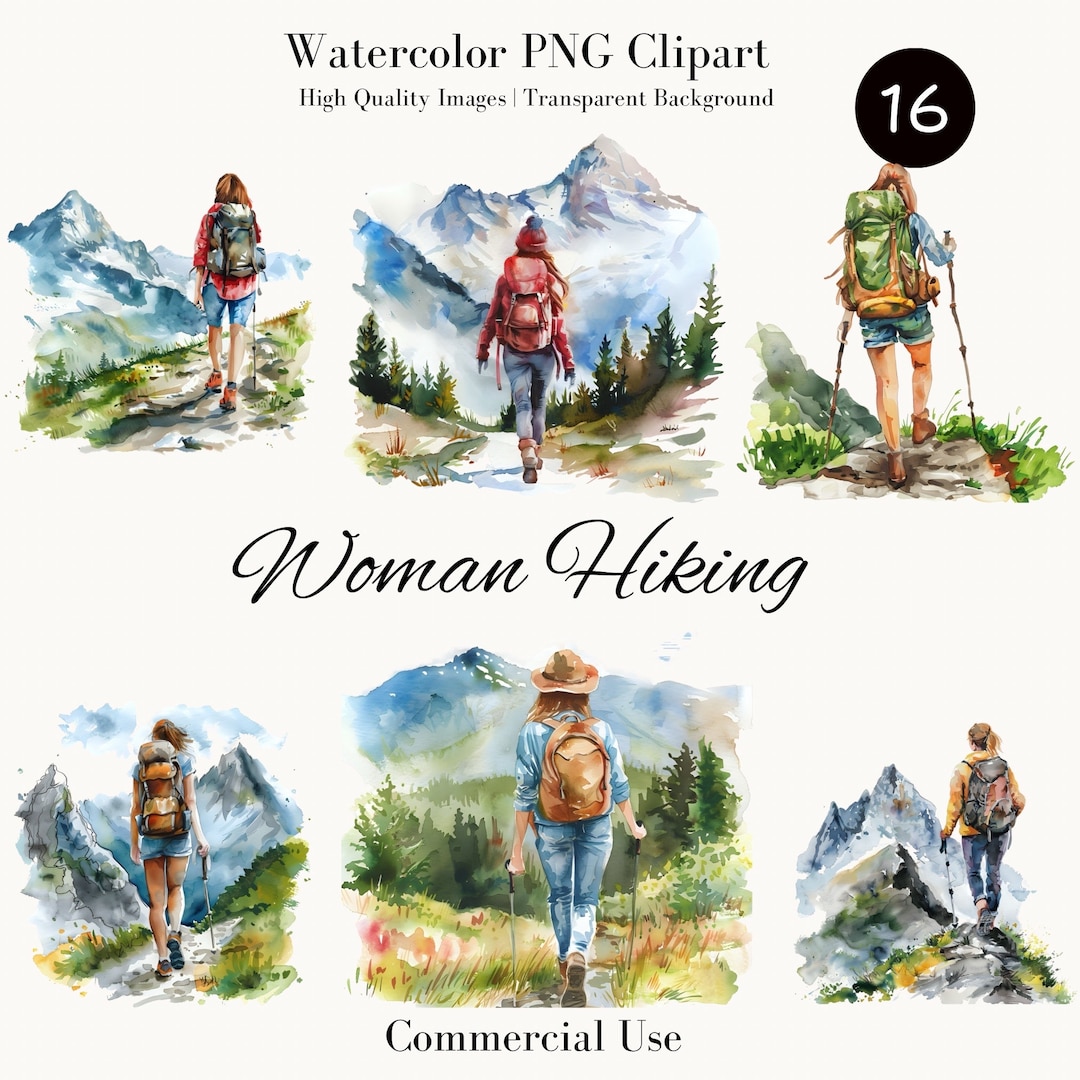 16 Woman Hiking Clipart Set, Mountain Hiking Printable Watercolor ...