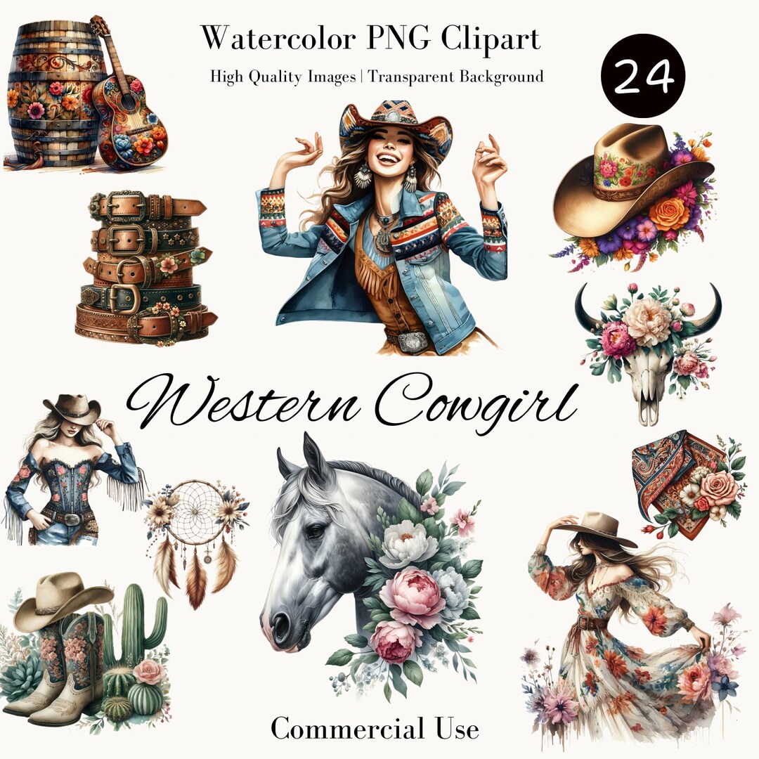 Western Cowgirl Clipart Bundle, Watercolor PNG, Digital Download ...
