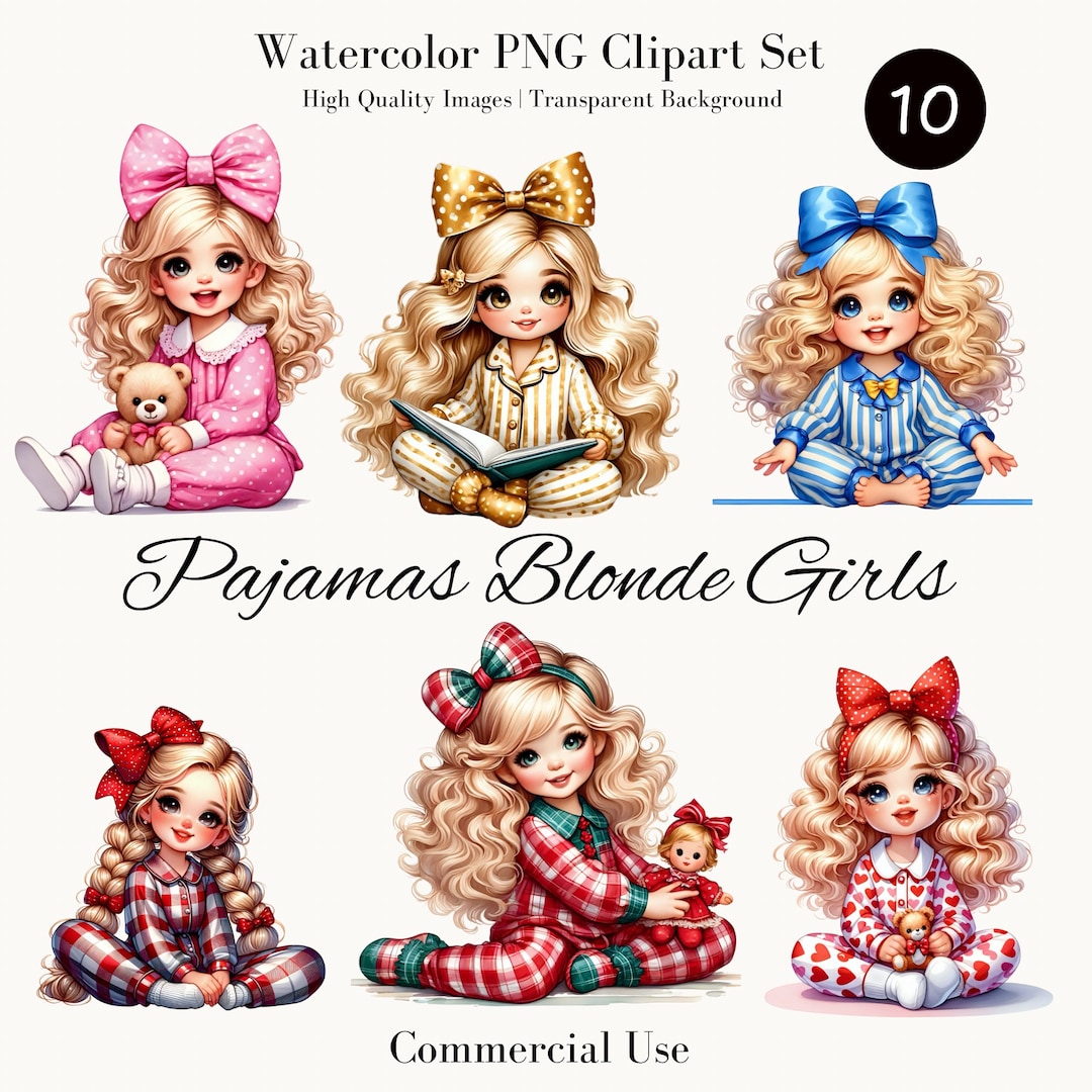 Cute Pajama Girls Clipart, Watercolor PNG, Digital Download, Commercial ...