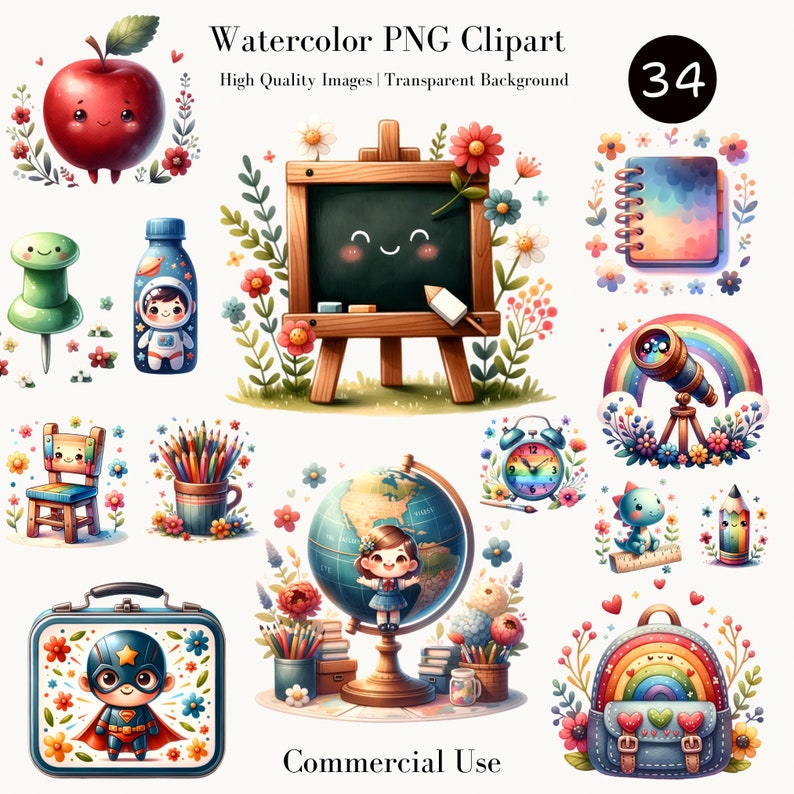 School Clipart Set – Watercolour School Supplies Clipart Bundle, Back ...