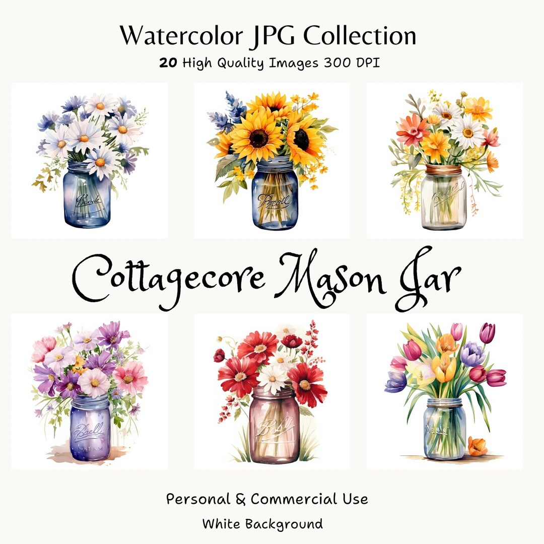 20 Watercolor Cottagecore Mason Jar Clipart, Countryside Floral Jars ...