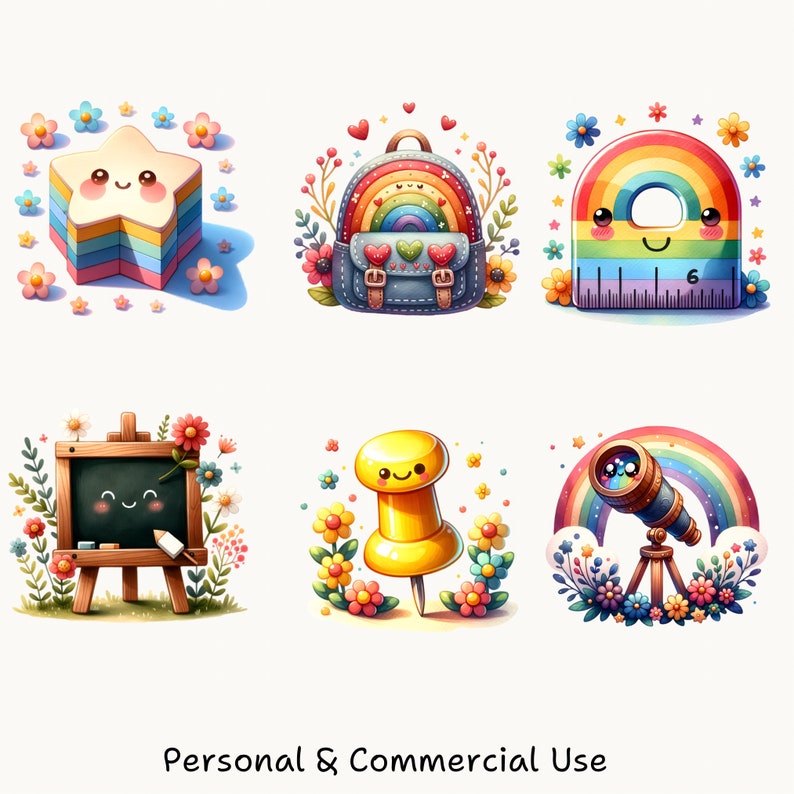 School Clipart Set – Watercolour School Supplies Clipart Bundle, Back ...