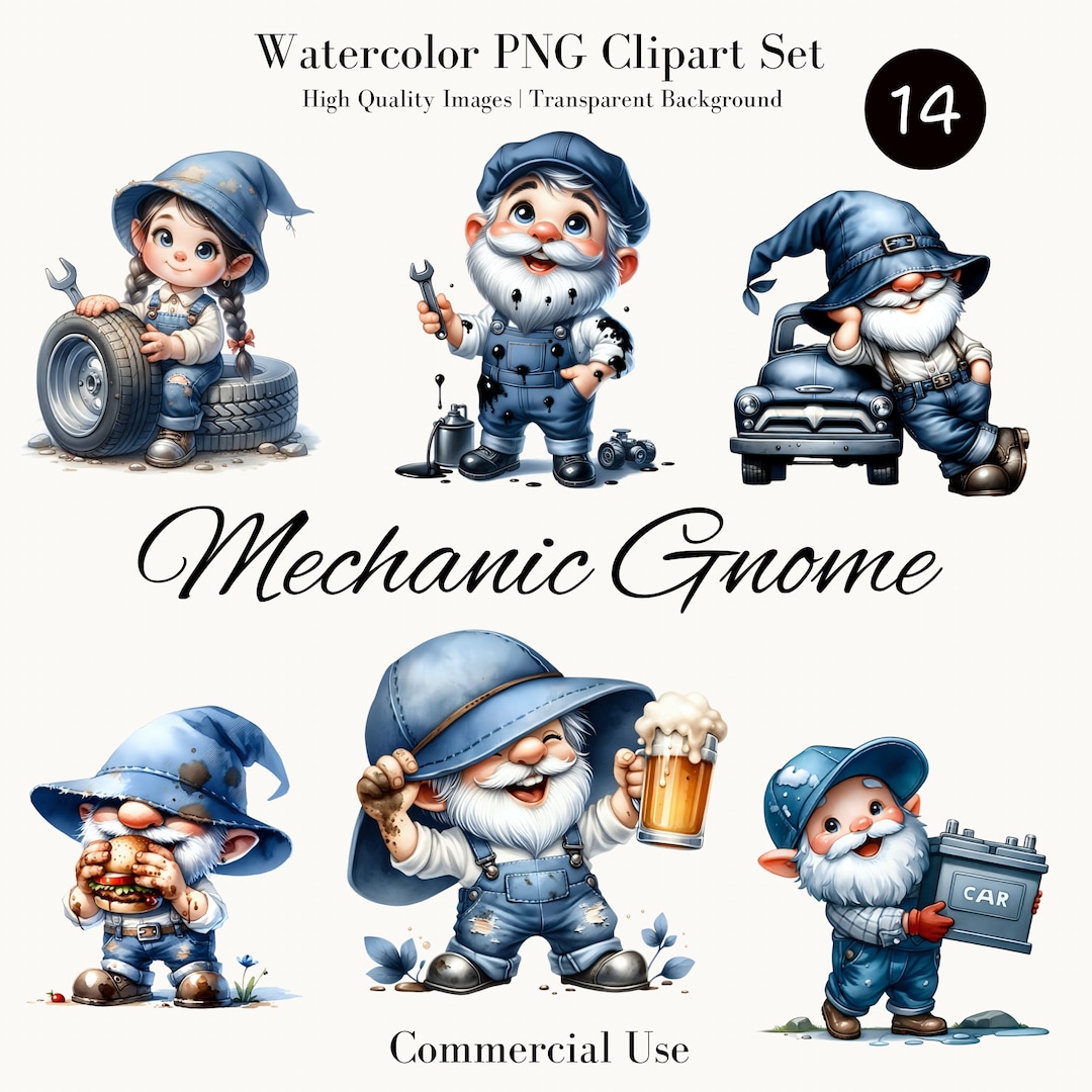 Mechanic Gnome Clipart Set, Watercolor Gnomes PNG, Digital Download ...