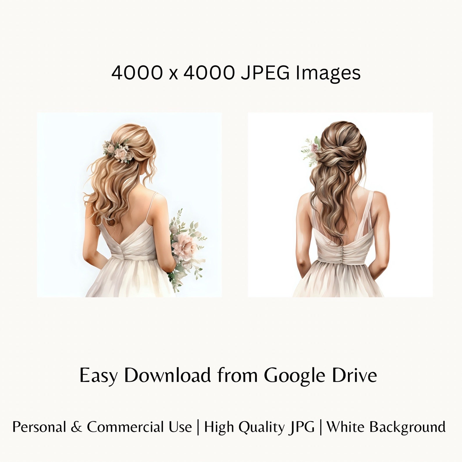 20 Watercolor Back View Bride Hair Clipart, JPG Images for Digital ...