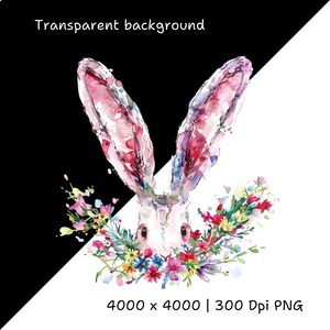 Spring Easter Bunny Ears Clipart, Watercolor Rabbit Graphics, Floral ...