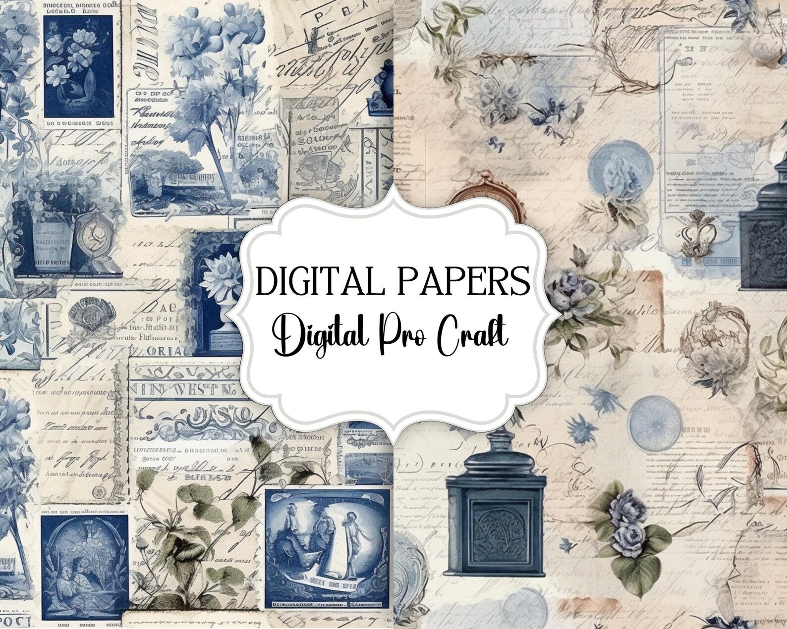 Old Paper Textures in Blue-vintage Ephemera Digital Paper 10-pack ...