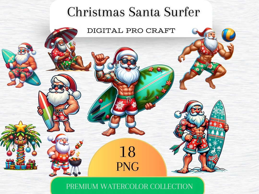 Christmas Santa Surfer on the Beach Clipart. Digital Art & Sublimation ...