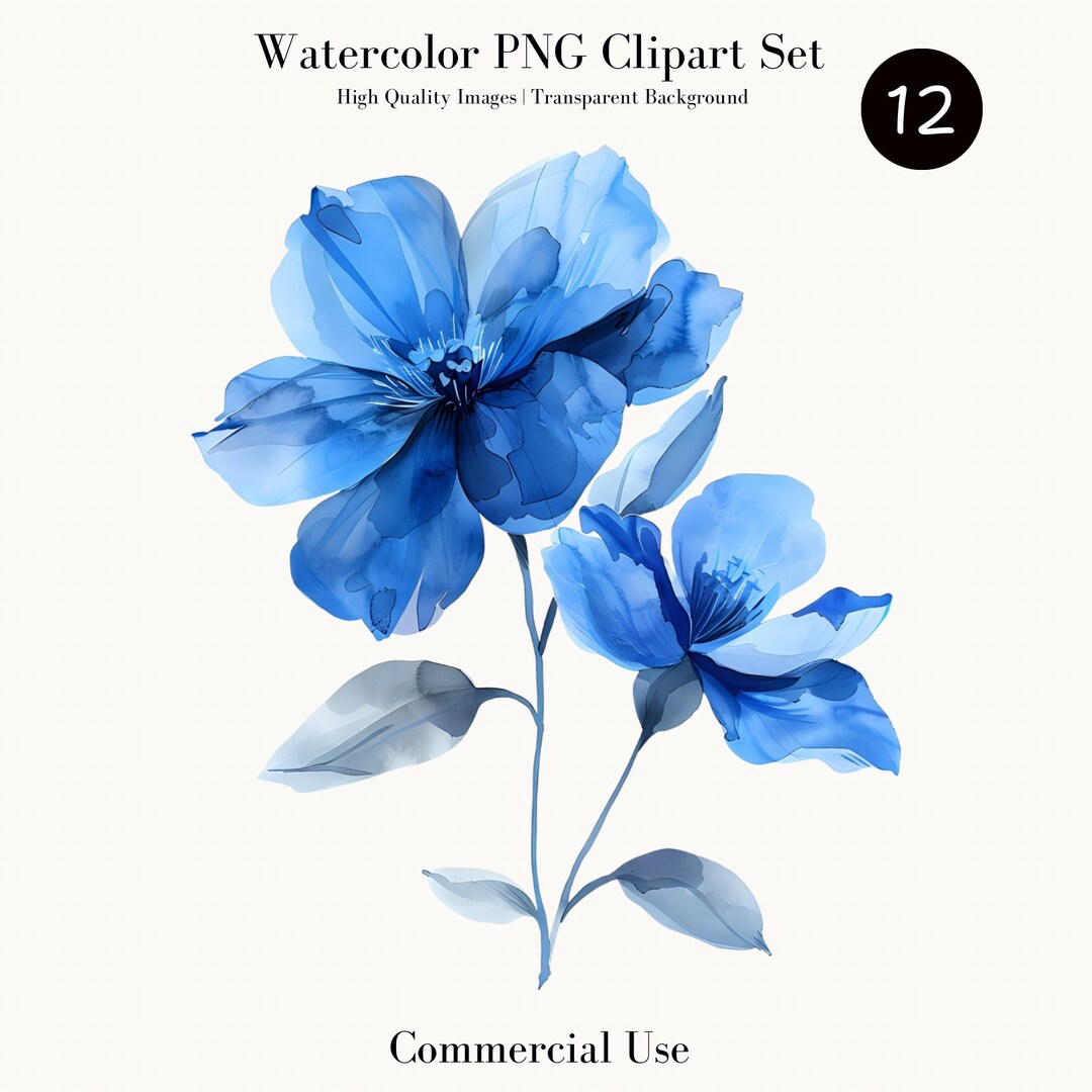 Blue Abstract Floral Watercolor Clipart Set, High Quality PNG, Digital ...