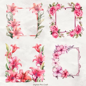 Set of 16, Watercolor Floral Pink Rectangular Frames, Floral Clipart ...
