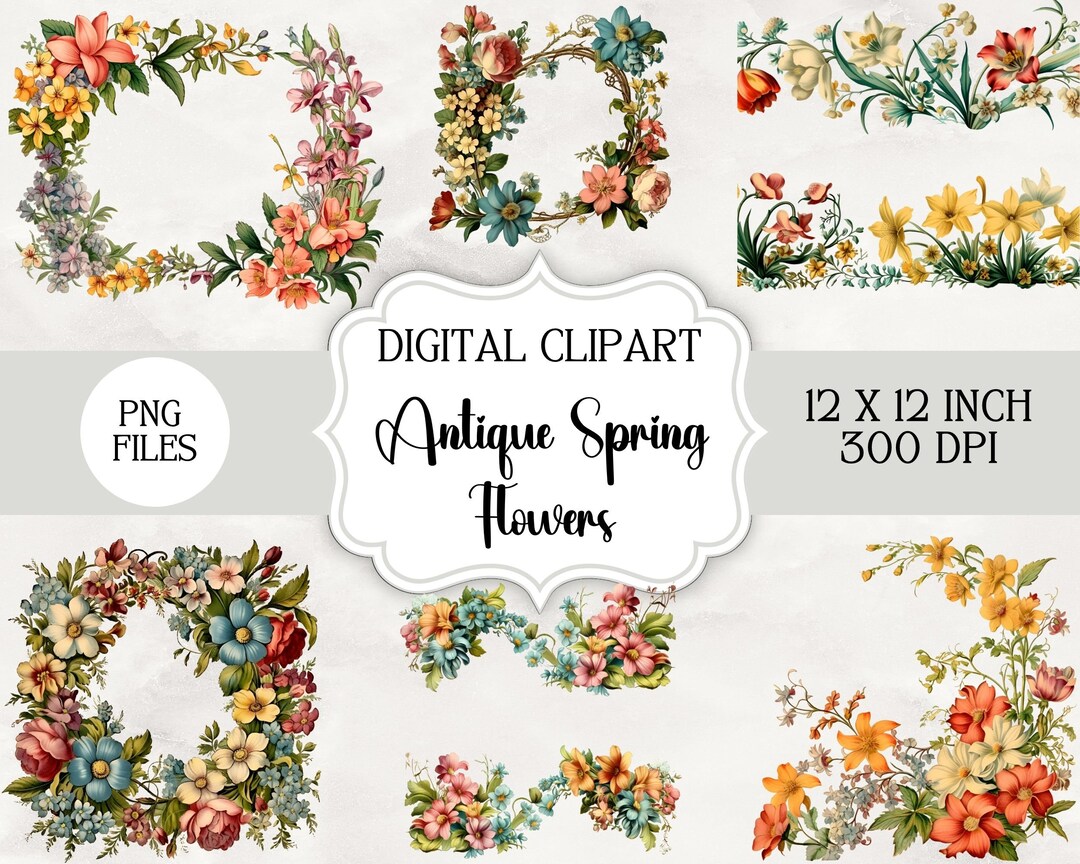 Antique Spring Flowers Floral Card Borders Clipart - Flower Corners ...