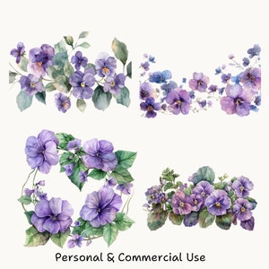 Watercolor Floral Violet Clipart Set, February Pansies PNG, Primrose ...