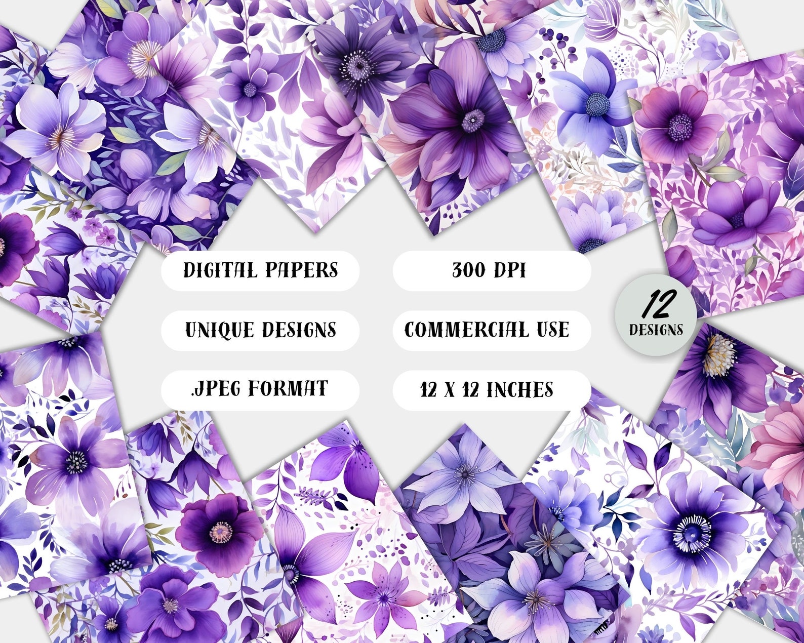 Purple Floral Digital Paper - SEAMLESS - Purple Watercolor Flower ...