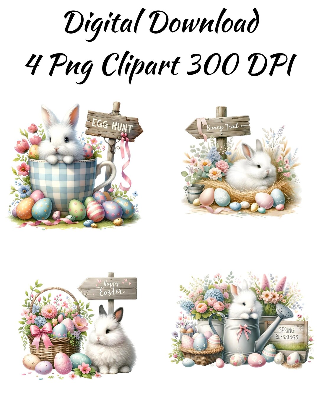 Cute Easter Rabbits and Colorful Eggs Png Clipart Bundle of 4 - EGG ...