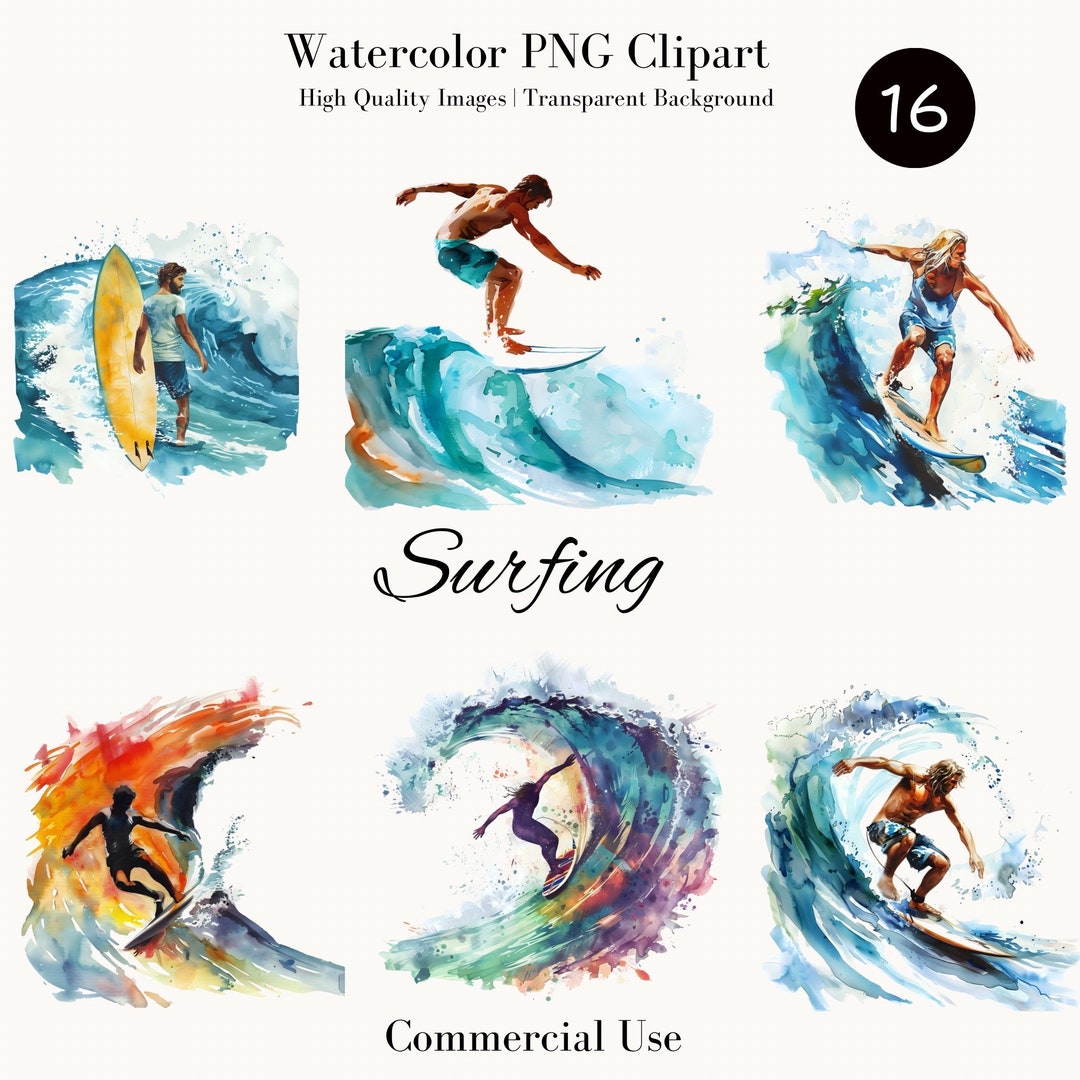 16 Surfing Clipart Collection, Ocean Waves Watercolor Art, High-quality ...